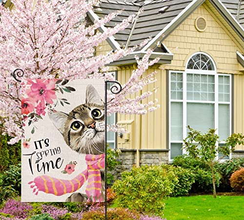 Spring Garden Flag for Outside 12x18 Double Sided,Cat with Sakura Scarf Small Yard Flag,Summer Seasonal Decors for Outdoor Anniversary Wedding Farmhouse Holiday