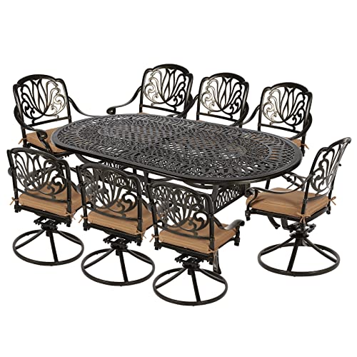 VIVIJASON 9-Piece Patio Furniture Dining Set, All-Weather Cast Aluminum Outdoor Conversation Set, Include 8 Swivel Dining Chairs and an Oval Table with Umbrella Hole for Lawn Garden Backyard