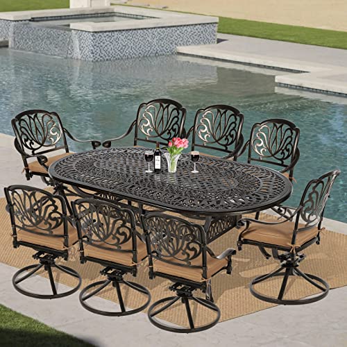 VIVIJASON 9-Piece Patio Furniture Dining Set, All-Weather Cast Aluminum Outdoor Conversation Set, Include 8 Swivel Dining Chairs and an Oval Table with Umbrella Hole for Lawn Garden Backyard