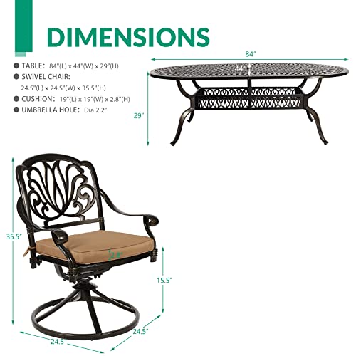 VIVIJASON 9-Piece Patio Furniture Dining Set, All-Weather Cast Aluminum Outdoor Conversation Set, Include 8 Swivel Dining Chairs and an Oval Table with Umbrella Hole for Lawn Garden Backyard