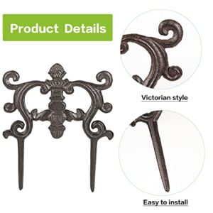 Sungmor 4PC Small Garden Fence 9.4in. Tall Cast Iron Picket Fence, Heavyweight Outdoor Landscape Edging Low Border, Pretty Antique Brown Pattern, Stake Decorative Metal Fence Panel for Lawn Flowerbeds