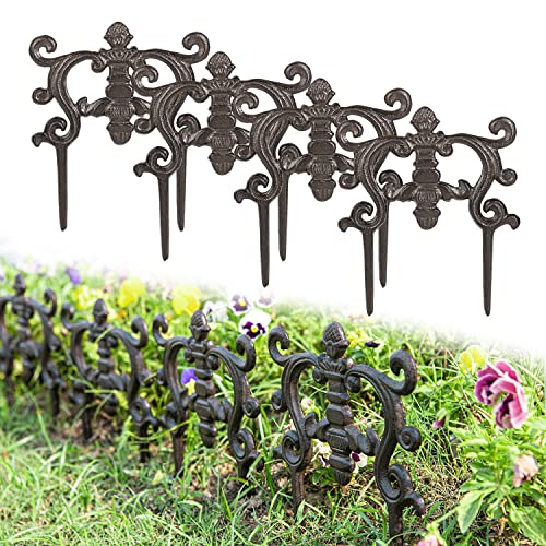 Sungmor 4PC Small Garden Fence 9.4in. Tall Cast Iron Picket Fence, Heavyweight Outdoor Landscape Edging Low Border, Pretty Antique Brown Pattern, Stake Decorative Metal Fence Panel for Lawn Flowerbeds