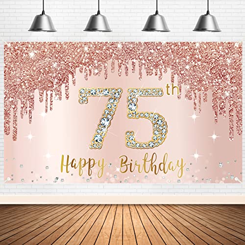 Happy 75th Birthday Banner Backdrop Decorations for Women, Rose Gold 75 Birthday Party Sign Supplies, Pink 75 Year Old Birthday Poster Background Photo Booth Props Decor