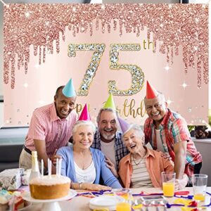 Happy 75th Birthday Banner Backdrop Decorations for Women, Rose Gold 75 Birthday Party Sign Supplies, Pink 75 Year Old Birthday Poster Background Photo Booth Props Decor