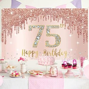 Happy 75th Birthday Banner Backdrop Decorations for Women, Rose Gold 75 Birthday Party Sign Supplies, Pink 75 Year Old Birthday Poster Background Photo Booth Props Decor