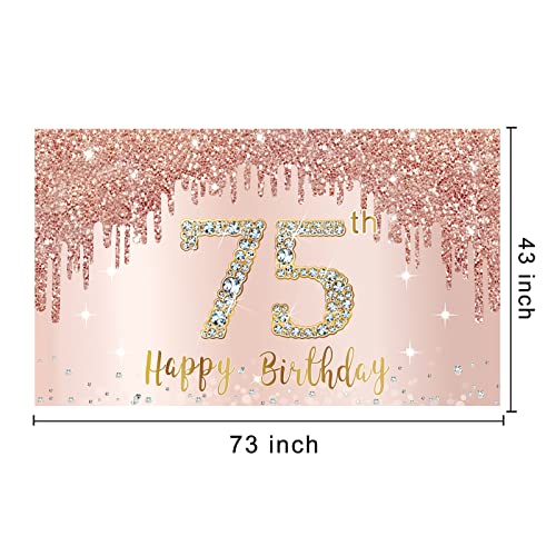 Happy 75th Birthday Banner Backdrop Decorations for Women, Rose Gold 75 Birthday Party Sign Supplies, Pink 75 Year Old Birthday Poster Background Photo Booth Props Decor