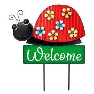 garden decor for outside, dewbin 16″ ladybug decorative garden stakes spring decor, metal yard art welcome sign for outdoor patio lawn backyard decorations