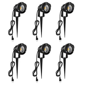 outdoor landscape lights, 10w 120v ac led landscape spot light with metal ground spike, 3000k warm white, ip65 waterproof, 5ft cord with us plug for lawn, garden, yard, flag light (6 pack)