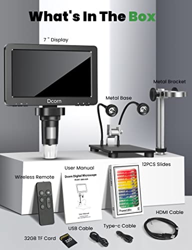 HDMI LCD Digital Microscope with IPS Screen, Dcorn 7" Coin Microscope for Coin Collection Supplies, View Entire Coin,16MP Soldering Microscope with Lights for Adults, 32GB Card Included