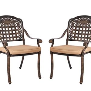 OKIDA 2 Piece Outdoor Dining Chairs, Cast Aluminum Chairs with Armrest, Patio Bistro Chair Set of 2 for Garden, Backyard (Mesh Design with Khaki Cushion)