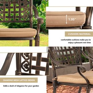 OKIDA 2 Piece Outdoor Dining Chairs, Cast Aluminum Chairs with Armrest, Patio Bistro Chair Set of 2 for Garden, Backyard (Mesh Design with Khaki Cushion)