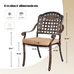 OKIDA 2 Piece Outdoor Dining Chairs, Cast Aluminum Chairs with Armrest, Patio Bistro Chair Set of 2 for Garden, Backyard (Mesh Design with Khaki Cushion)