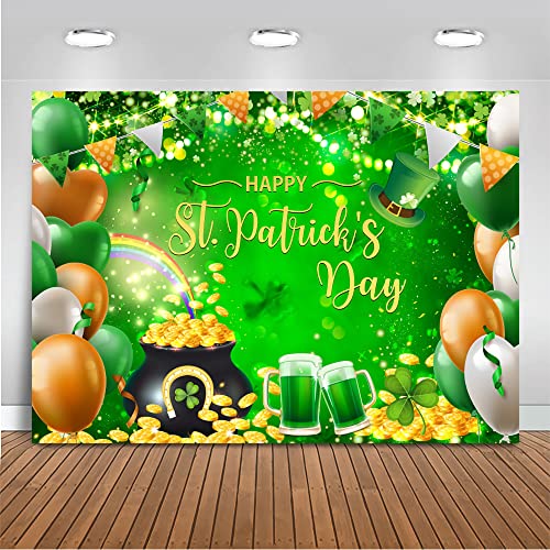 Mocsicka Happy St. Patrick's Day Backdrop Irish Green Lucky Shamrocks Festival Party Decoration Gold Green Balloon Baby Shower Party Banner Shinny Coin Photo Booth Props (7x5ft (82x60 inch))