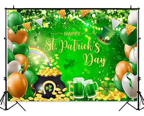 Mocsicka Happy St. Patrick's Day Backdrop Irish Green Lucky Shamrocks Festival Party Decoration Gold Green Balloon Baby Shower Party Banner Shinny Coin Photo Booth Props (7x5ft (82x60 inch))