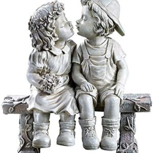 Lily's Home First Kiss Resin Garden Statue, Little Girl and Boy Kissing Yard Miniature Figurine, 9 Inch