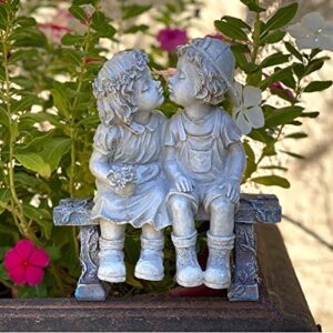 Lily's Home First Kiss Resin Garden Statue, Little Girl and Boy Kissing Yard Miniature Figurine, 9 Inch