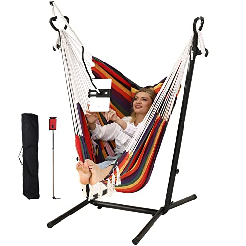 Hammock Chair with Stand Double Hammock Chair Bohemian Style with Tassel Mobile Phone Support Manual Adjustable Swing Indoor and Outdoor Garden Porch with Floor mat Reclining Capacity 400 pounds