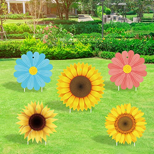 WATINC Sunflower Yard Sign Hanging Ornaments Daisy Waterproof Sunshine Lawn Signs Summer Fall Party Decorations Supplies Photo Props for Outdoor Farmhouse Garden Tree Wall with Stakes & Ribbons