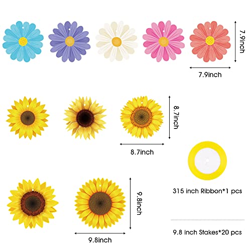 WATINC Sunflower Yard Sign Hanging Ornaments Daisy Waterproof Sunshine Lawn Signs Summer Fall Party Decorations Supplies Photo Props for Outdoor Farmhouse Garden Tree Wall with Stakes & Ribbons