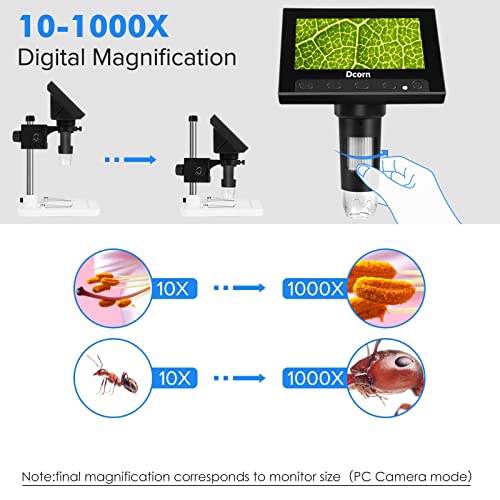 Coin Microscope, Dcorn 4.3 Inch LCD Digital Microscope with 32GB TF Card 10X-1000X Magnification Video Camera Handheld Microscope for Coin Observation/PCB Soldering, Windows Compatible