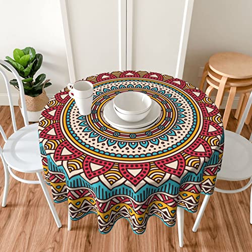 Symfy Round Tablecloth 60 Inch Retro Mandala Decorative Table Cloth with Dust-Proof Wrinkle Stain-Resistant Tablecloths Decor for Home Kitchen Dining Picnic Party Indoor Outdoor