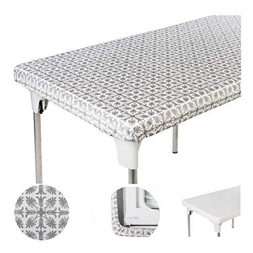 TopTableCloth Fitted Plastic Tablecloth vinyl Silver Patterned 34 x 34 in Christmas Square Card Table Cloth Elastic Corner for Folding Table Cover Picnic Birthday Camping Garden Banquet outdoor indoor