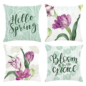 bonhause tulip spring pillow covers 18×18 set of 4 hello spring flower bloom decorative pillows case soft velvet for couch sofa patio home decor