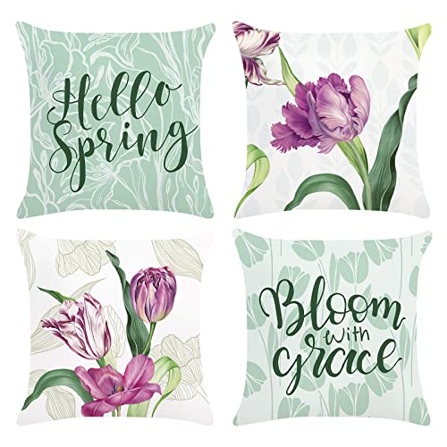 Bonhause Tulip Spring Pillow Covers 18x18 Set of 4 Hello Spring Flower Bloom Decorative Pillows Case Soft Velvet for Couch Sofa Patio Home Decor