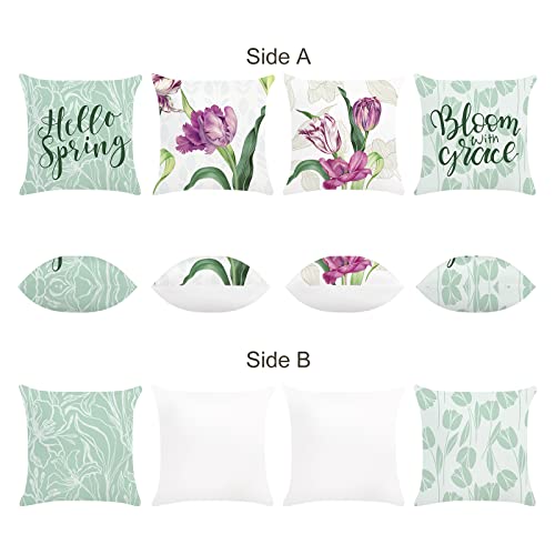 Bonhause Tulip Spring Pillow Covers 18x18 Set of 4 Hello Spring Flower Bloom Decorative Pillows Case Soft Velvet for Couch Sofa Patio Home Decor