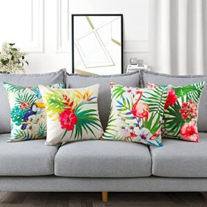 OTOSTAR Pack of 4 Waterproof Throw Pillow Covers, Tropical Plants and Flowers Parrot Flamingo Pattern Cushion Cover, Indoor&Outdoor Decorative Pillowcase for Patio Couch Bed Sofa, 16x16 Inch