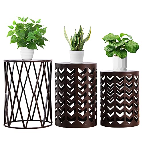 Y&M Nesting Side Table, Set of 3 Stacking Coffee Table for Living Room, Indoor End Tables, Outdoor Garden Stool with Heavy Duty Modern Industrial Decor - Pure Brown (Ship from US)