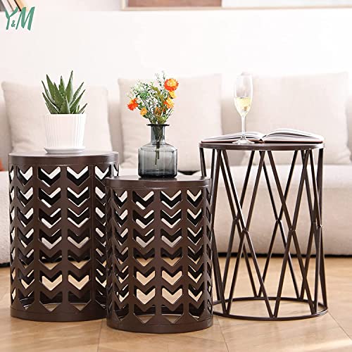 Y&M Nesting Side Table, Set of 3 Stacking Coffee Table for Living Room, Indoor End Tables, Outdoor Garden Stool with Heavy Duty Modern Industrial Decor - Pure Brown (Ship from US)