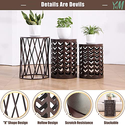 Y&M Nesting Side Table, Set of 3 Stacking Coffee Table for Living Room, Indoor End Tables, Outdoor Garden Stool with Heavy Duty Modern Industrial Decor - Pure Brown (Ship from US)