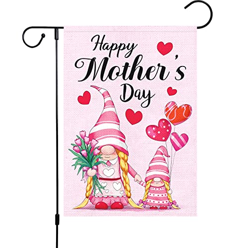 Louise Maelys Happy Mother's Day Garden Flag for Mom 12x18 Double Sided, Burlap Small Vertical Pink Gnome Garden Yard Flags for Spring Outside Outdoor House Mothers Day Decoration (ONLY FLAG)