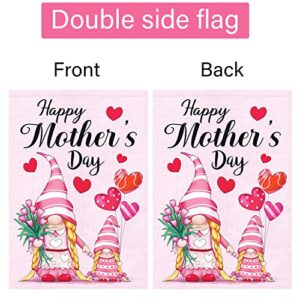 Louise Maelys Happy Mother's Day Garden Flag for Mom 12x18 Double Sided, Burlap Small Vertical Pink Gnome Garden Yard Flags for Spring Outside Outdoor House Mothers Day Decoration (ONLY FLAG)