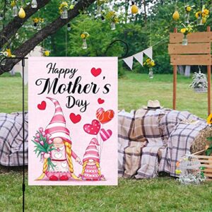 Louise Maelys Happy Mother's Day Garden Flag for Mom 12x18 Double Sided, Burlap Small Vertical Pink Gnome Garden Yard Flags for Spring Outside Outdoor House Mothers Day Decoration (ONLY FLAG)