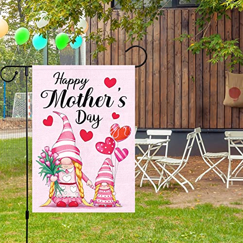 Louise Maelys Happy Mother's Day Garden Flag for Mom 12x18 Double Sided, Burlap Small Vertical Pink Gnome Garden Yard Flags for Spring Outside Outdoor House Mothers Day Decoration (ONLY FLAG)