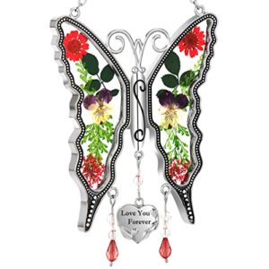 ky&bosam suncatchers love you forever butterfly mom gifts, gift for mom from daughter son, suncatcher gifts for women ornament for windows wind chime with pressed flower butterfly embedded in glass