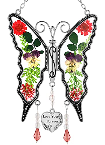 KY&BOSAM Suncatchers Love You Forever Butterfly Mom Gifts, Gift for Mom from Daughter Son, Suncatcher Gifts for Women Ornament for Windows Wind Chime with Pressed Flower Butterfly Embedded in Glass