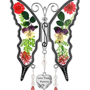 KY&BOSAM Suncatchers Love You Forever Butterfly Mom Gifts, Gift for Mom from Daughter Son, Suncatcher Gifts for Women Ornament for Windows Wind Chime with Pressed Flower Butterfly Embedded in Glass