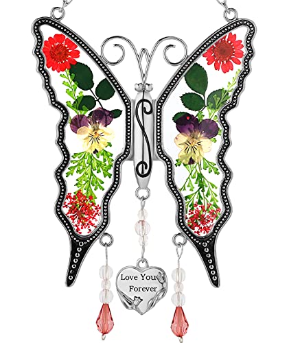 KY&BOSAM Suncatchers Love You Forever Butterfly Mom Gifts, Gift for Mom from Daughter Son, Suncatcher Gifts for Women Ornament for Windows Wind Chime with Pressed Flower Butterfly Embedded in Glass