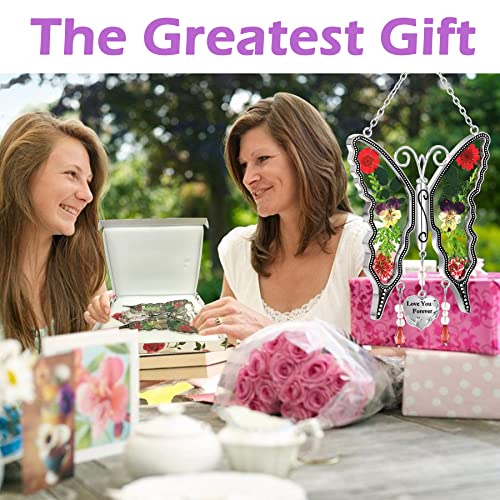 KY&BOSAM Suncatchers Love You Forever Butterfly Mom Gifts, Gift for Mom from Daughter Son, Suncatcher Gifts for Women Ornament for Windows Wind Chime with Pressed Flower Butterfly Embedded in Glass