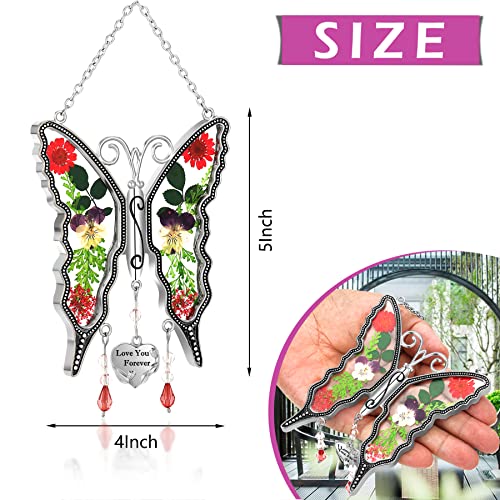 KY&BOSAM Suncatchers Love You Forever Butterfly Mom Gifts, Gift for Mom from Daughter Son, Suncatcher Gifts for Women Ornament for Windows Wind Chime with Pressed Flower Butterfly Embedded in Glass