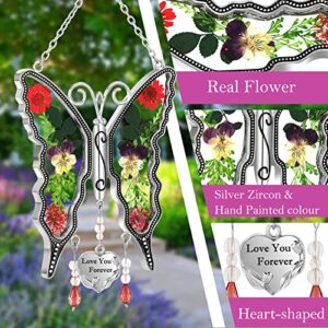 KY&BOSAM Suncatchers Love You Forever Butterfly Mom Gifts, Gift for Mom from Daughter Son, Suncatcher Gifts for Women Ornament for Windows Wind Chime with Pressed Flower Butterfly Embedded in Glass