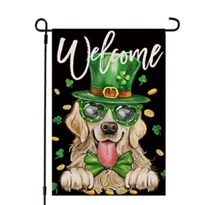 crowned beauty st patricks day dog garden flag golden retriever 12×18 inch double sided for outside small burlap shamrocks clovers green hat gold welcome yard holiday decoration cf728-12