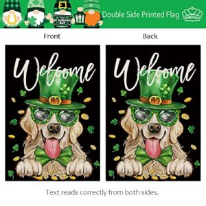 CROWNED BEAUTY St Patricks Day Dog Garden Flag Golden Retriever 12x18 Inch Double Sided for Outside Small Burlap Shamrocks Clovers Green Hat Gold Welcome Yard Holiday Decoration CF728-12