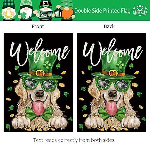 CROWNED BEAUTY St Patricks Day Dog Garden Flag Golden Retriever 12x18 Inch Double Sided for Outside Small Burlap Shamrocks Clovers Green Hat Gold Welcome Yard Holiday Decoration CF728-12