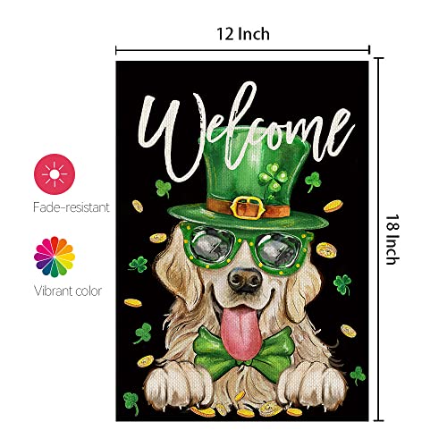 CROWNED BEAUTY St Patricks Day Dog Garden Flag Golden Retriever 12x18 Inch Double Sided for Outside Small Burlap Shamrocks Clovers Green Hat Gold Welcome Yard Holiday Decoration CF728-12