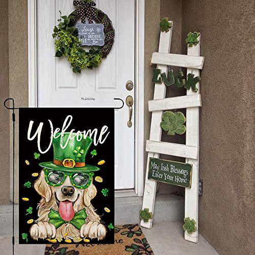 CROWNED BEAUTY St Patricks Day Dog Garden Flag Golden Retriever 12x18 Inch Double Sided for Outside Small Burlap Shamrocks Clovers Green Hat Gold Welcome Yard Holiday Decoration CF728-12