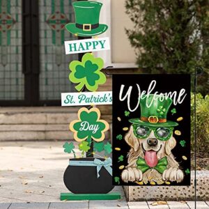 CROWNED BEAUTY St Patricks Day Dog Garden Flag Golden Retriever 12x18 Inch Double Sided for Outside Small Burlap Shamrocks Clovers Green Hat Gold Welcome Yard Holiday Decoration CF728-12